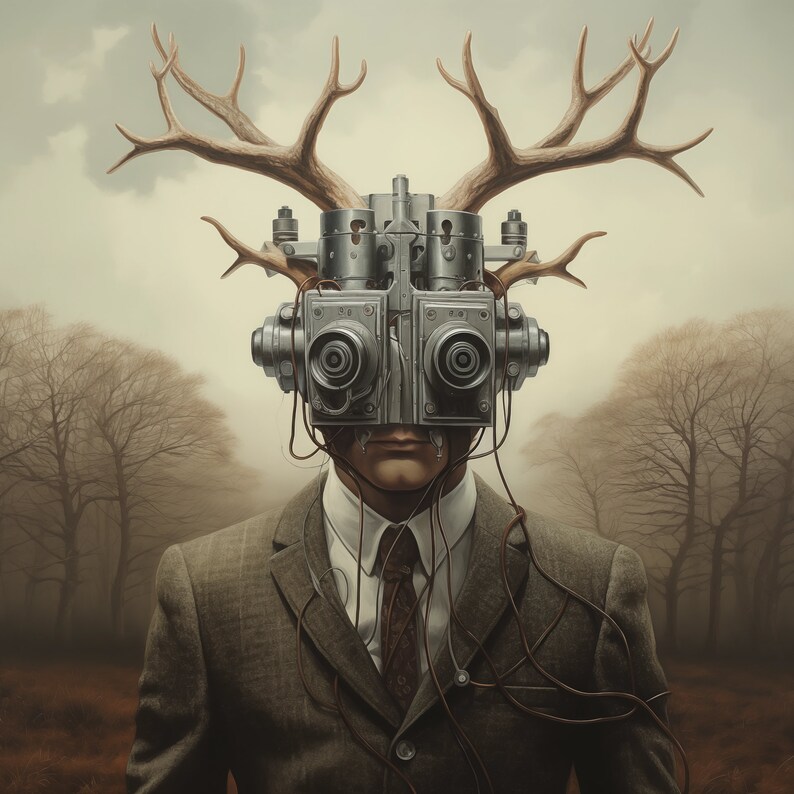 Cyborg Antlers Deer Humanized Print Art, Anthropomorphic Art Print Stag ...