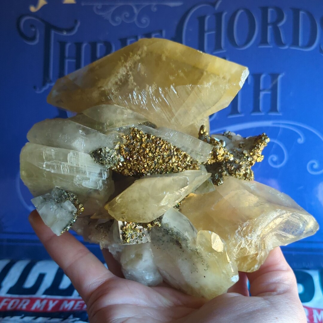 Rainbow Pocket: Calcites and BIG Golden Chalcopyrite Crystals From ...