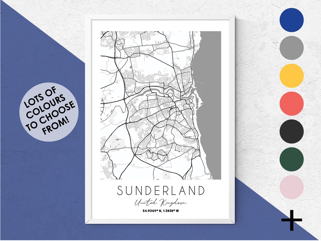 Sunderland Map UK City Map Print, Sunderland Poster, Sunderland Art ...