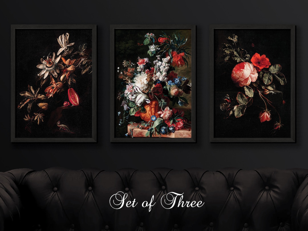 Gothic Floral Print Set of 3 | Antique Reproduction Print. Dark Floral ...