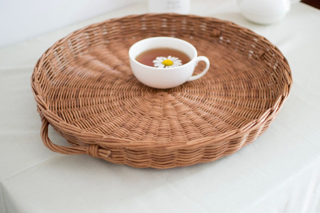 Round Wicker Tray, Serving Tray, Breakfast Tray, Handmade Tray, Kitchen ...