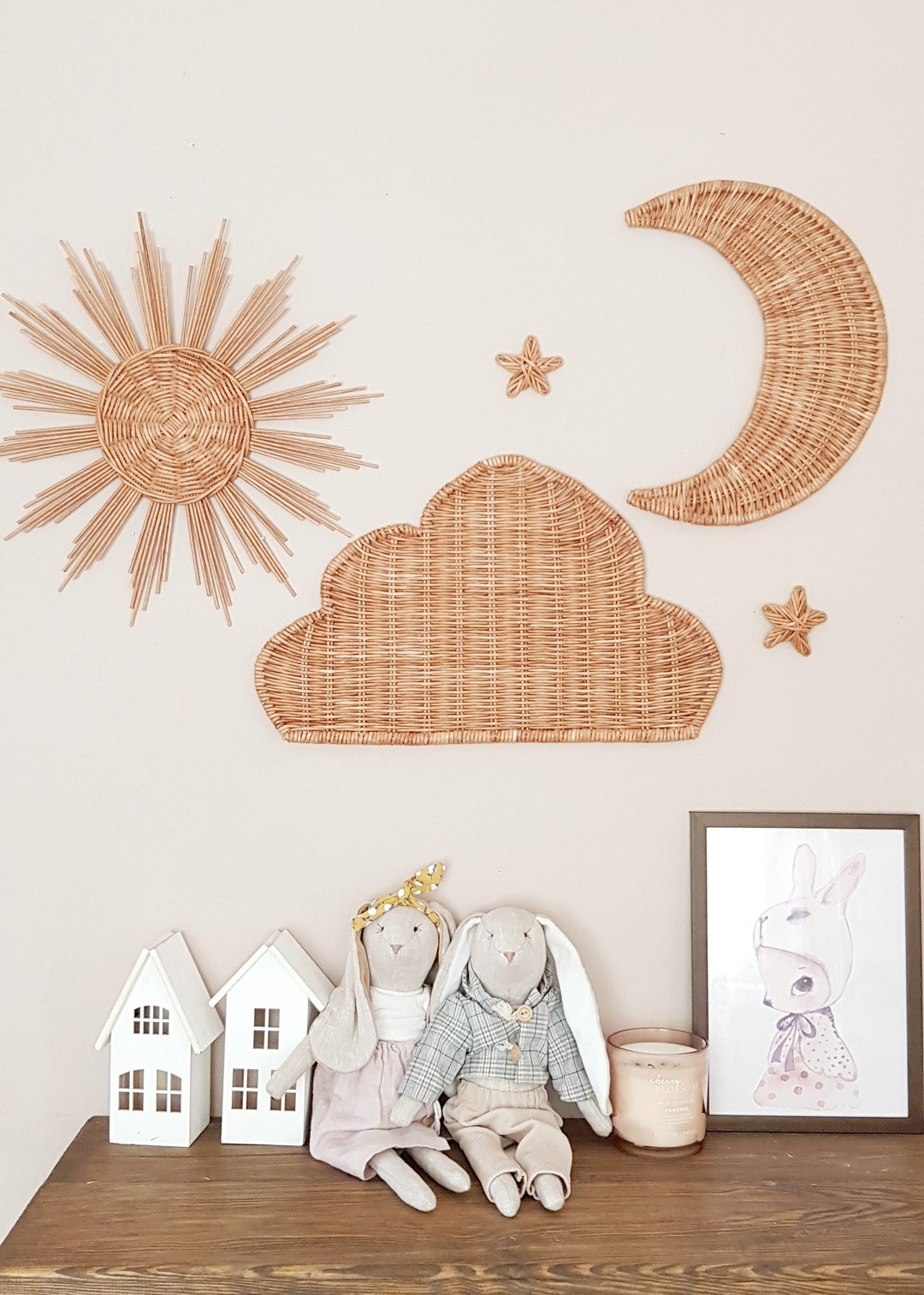 Nursery Wicker Wall Decor, Hanging Wicker Wall Moon , Wall Basket Decor ...