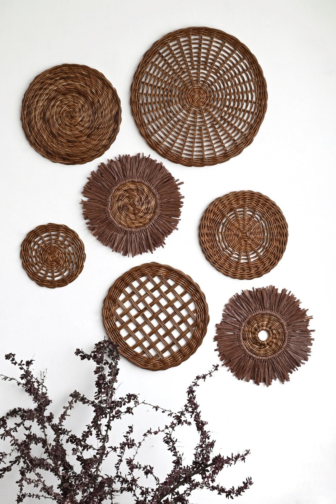 Set of Brown Wicker Wall Baskets, Bedroom Wall Decor, Wall Hanging ...