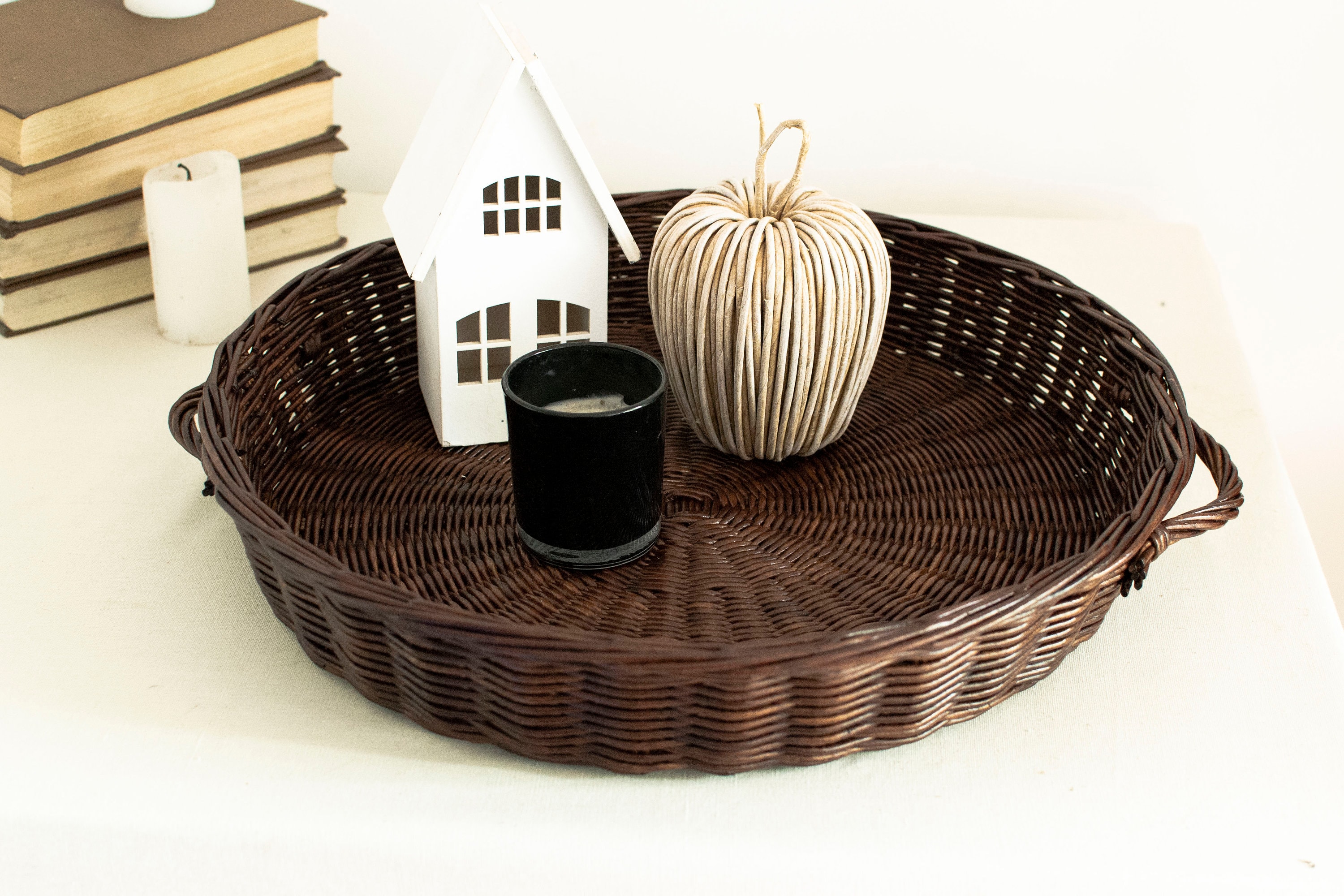 Round Wicker Tray, Serving Tray, Breakfast Tray, Handmade Tray, Kitchen ...