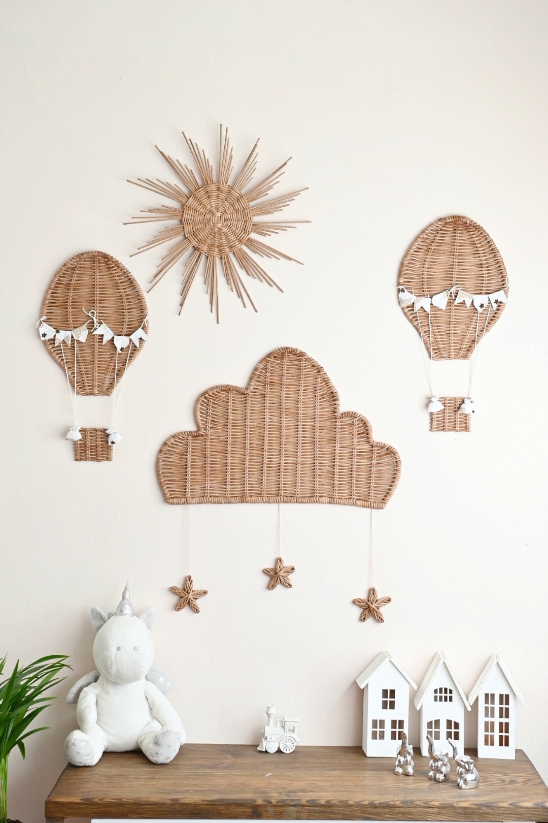 Celestial Nursery Wall Decor, Wicker Hot Air Balloons Set, Sun Wall ...