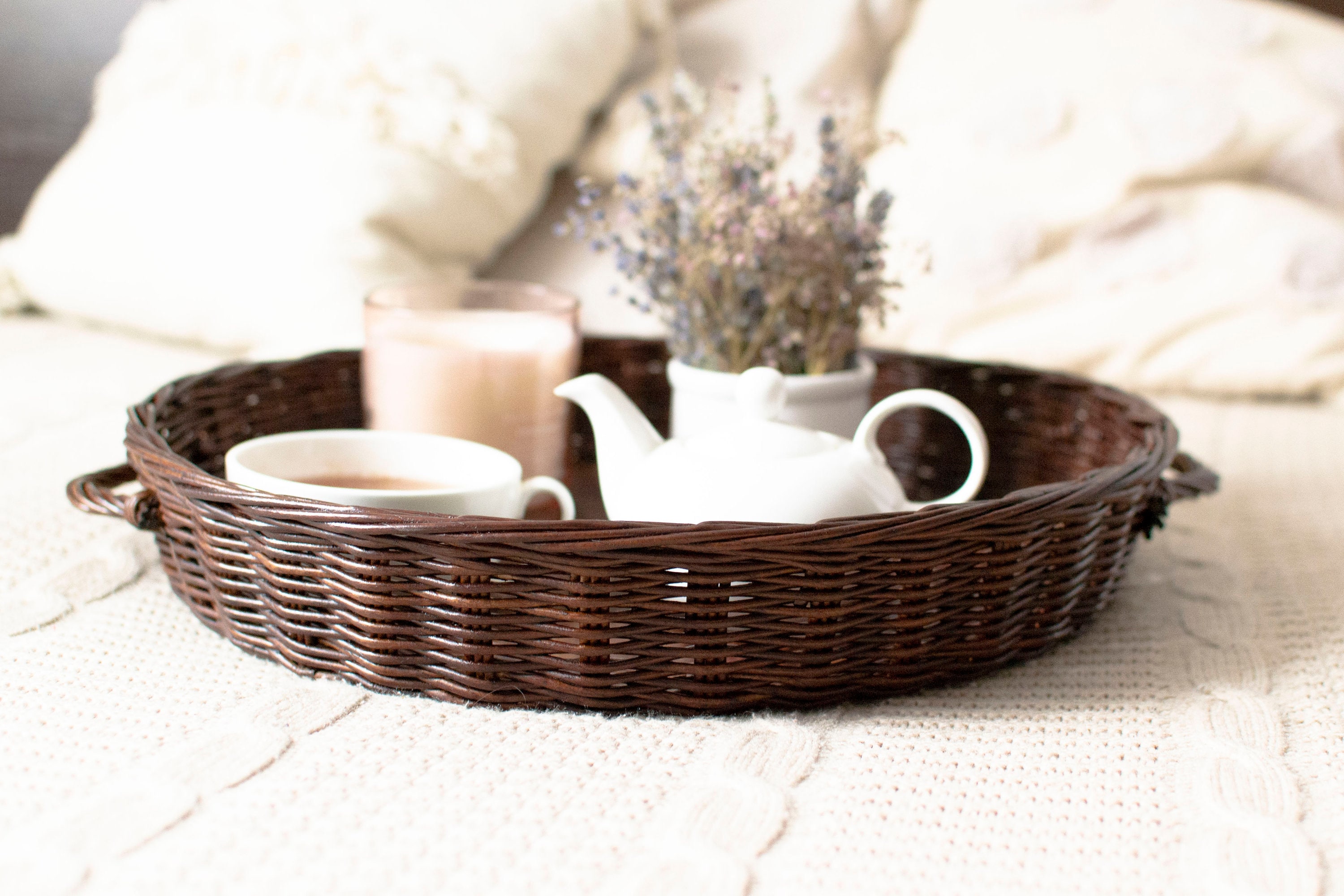 Round Wicker Tray, Serving Tray, Breakfast Tray, Handmade Tray, Kitchen ...