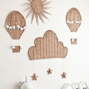 Celestial Nursery Wall Decor, Wicker Hot Air Balloons Set, Sun Wall ...