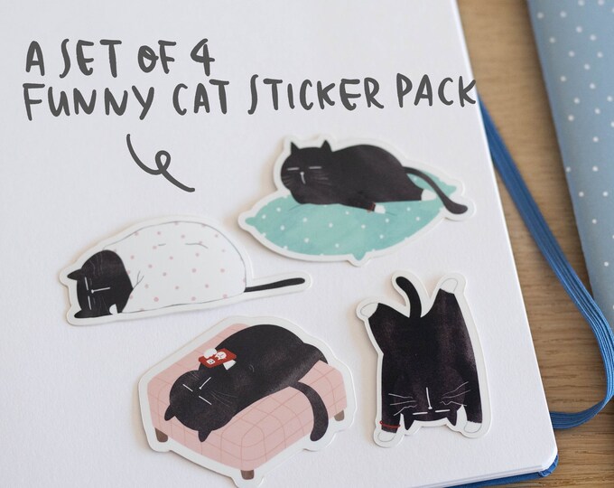 Funny Cat STICKERS PACK Black Cat Sleeping Napping Relaxing Time Out ...