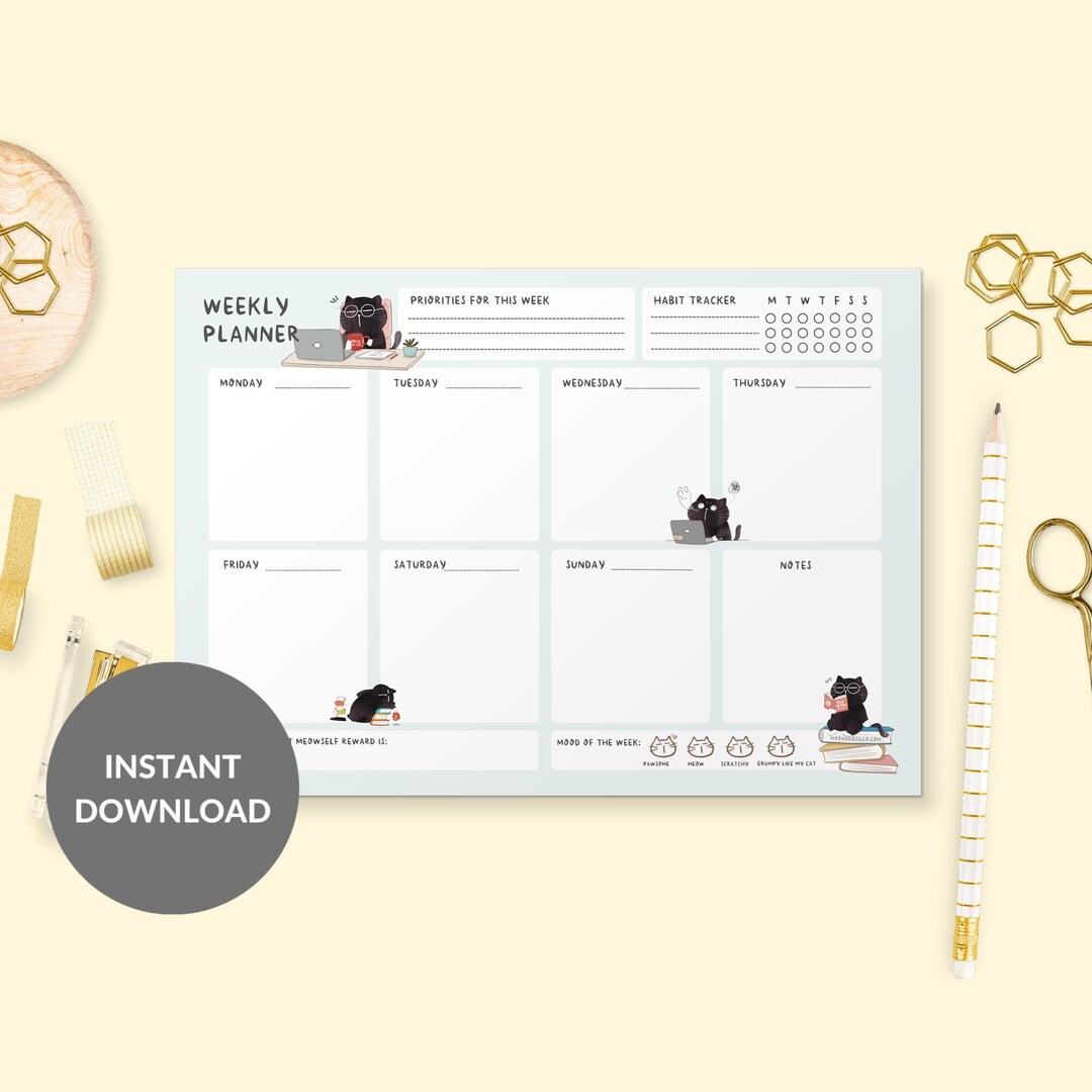 Printable Weekly Planner Cat to Do List Notepad Cute Memo Pad Kawaii ...