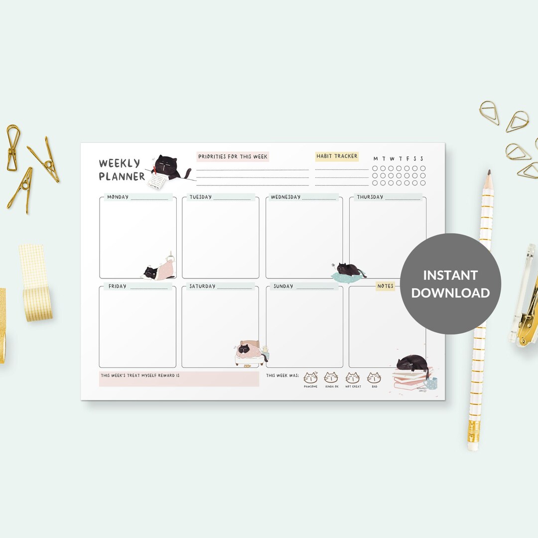 Printable Weekly Planner Cat to Do List Notepad Cute Memo Pad Kawaii ...