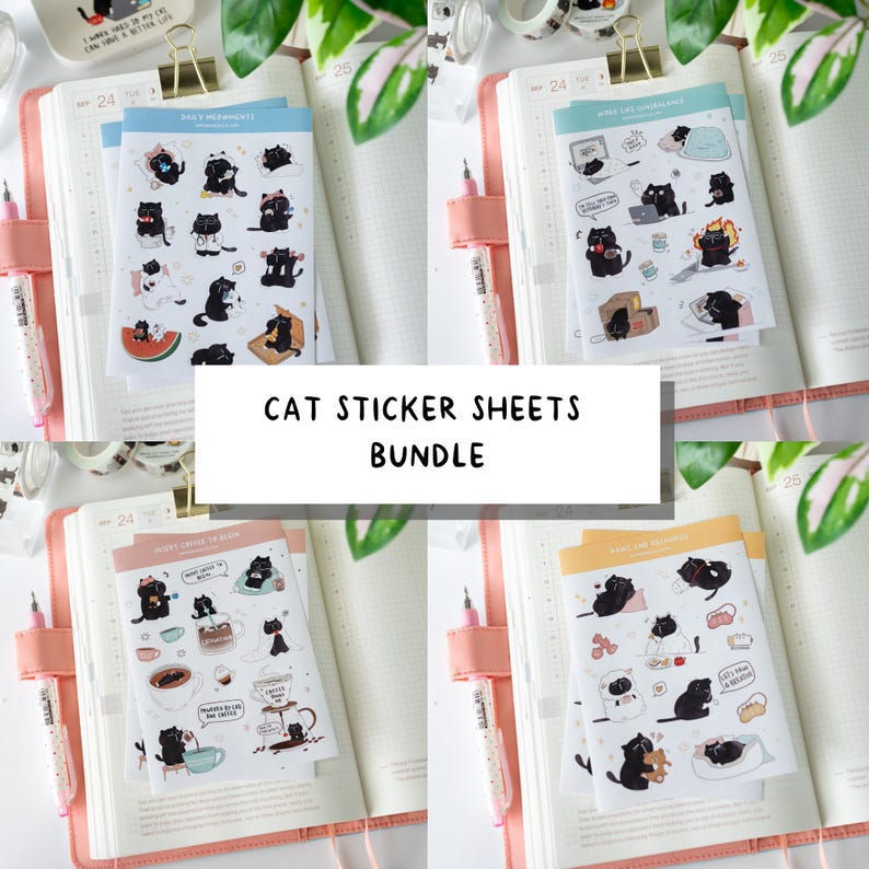Cat Sticker Sheet Bundle, Planner Journal Stickers, Choose 3, 4, or 6 ...