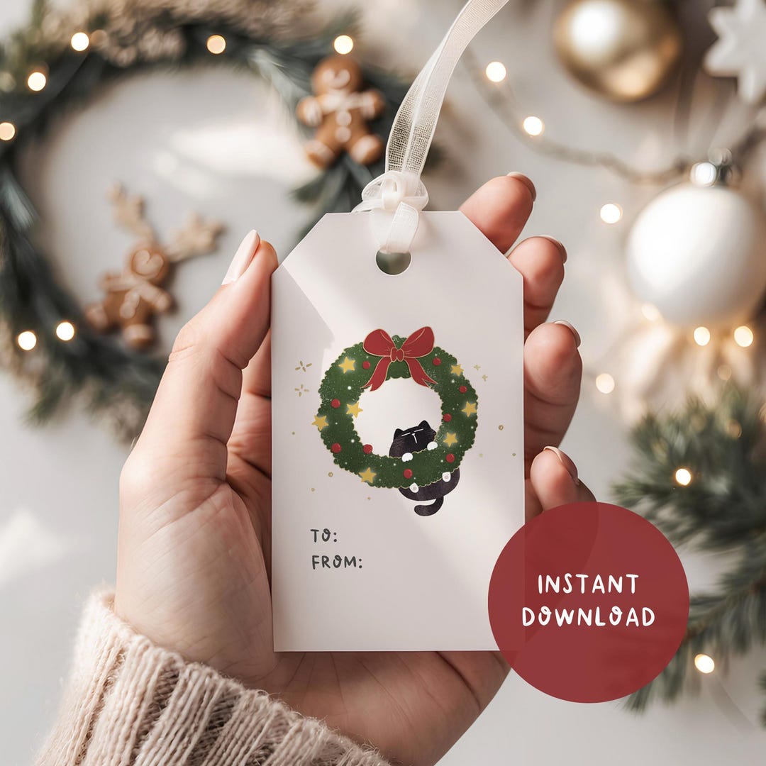 Printable Cat Wreath Christmas Gift Tags, Meowy Christmas Gift Tags ...