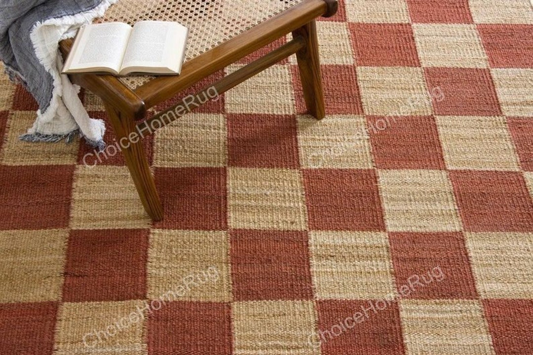 Blood Red 5x8 Ft Check Box Jute Rug,handmade Natural Jute Rug,vintage ...