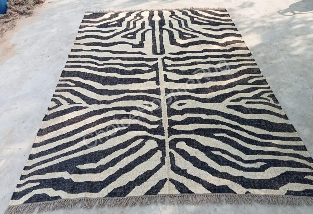 6x9 Ft Black White Zebra Pttern Wool Jute Kilim Rug,boho Home Decor ...
