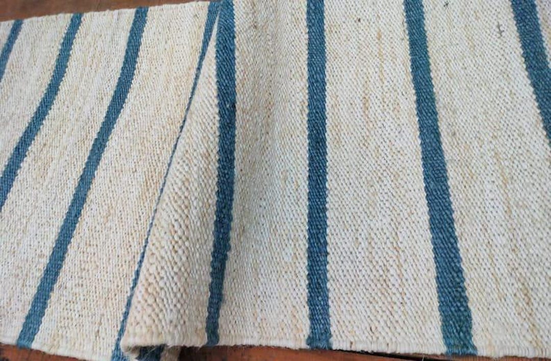 Sky Blue Striped Beige 6x9 Ft Hemp Jute Rug,custom Size Large Floor ...
