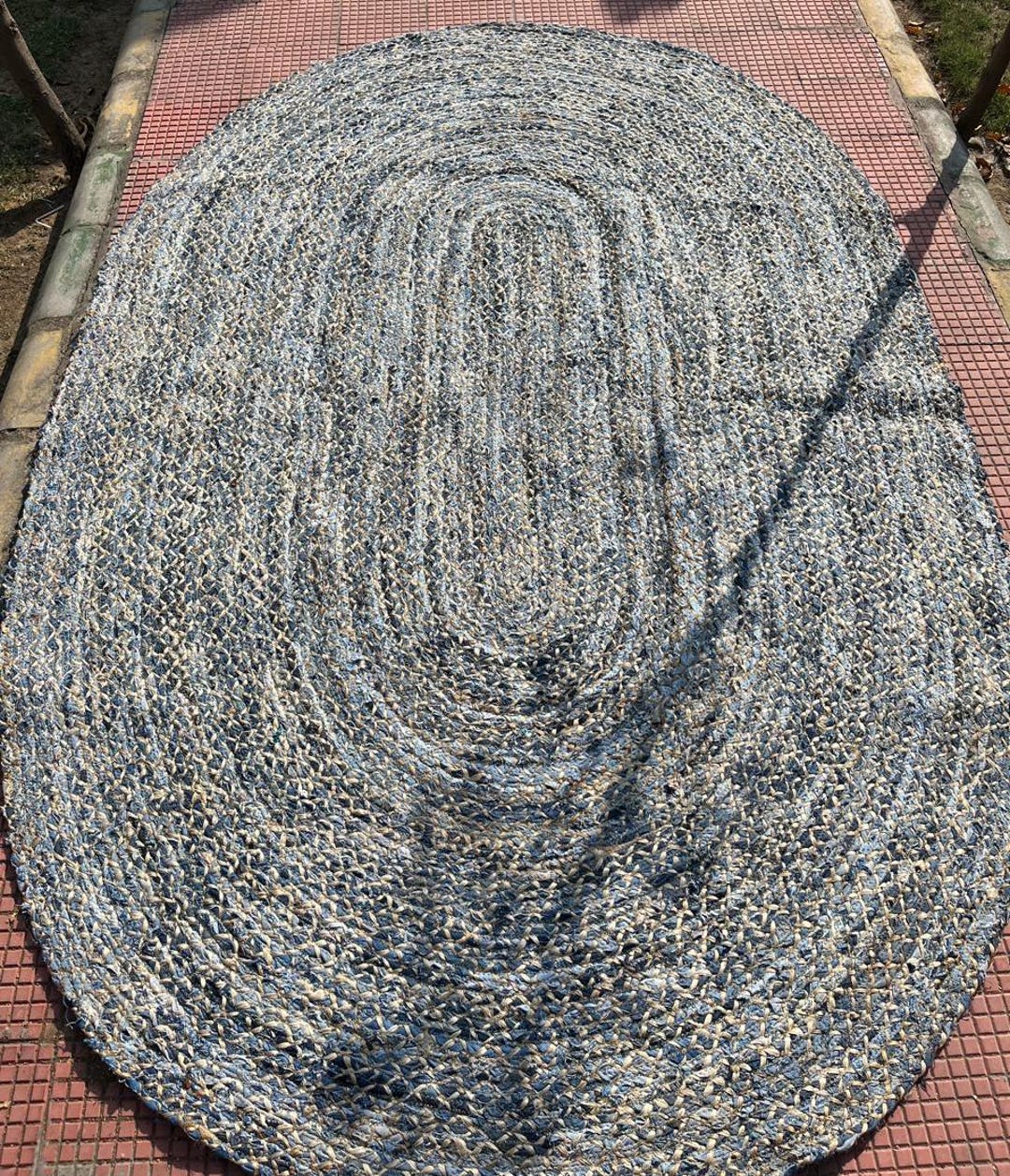 6x9 Ft Denim Beige Jute Cotton Braided Oval Rug,boho Home Decor ...