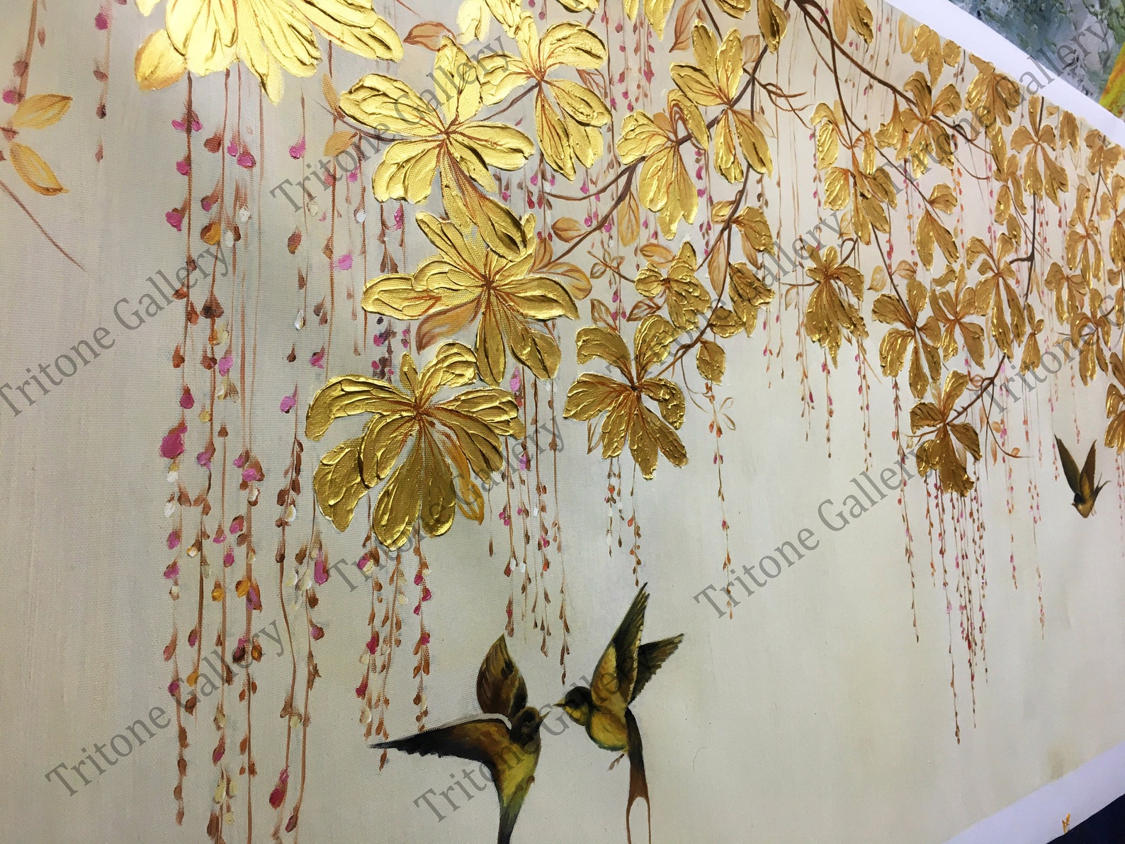 Large Gold Painting Modern Acrylic Gold Leaf Art, Yellow Leaves Flower ...