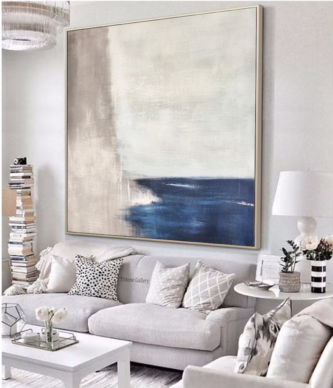 Blue Grey Abstract Painting, Large Contemporary Canvas Art, Modern Blue ...