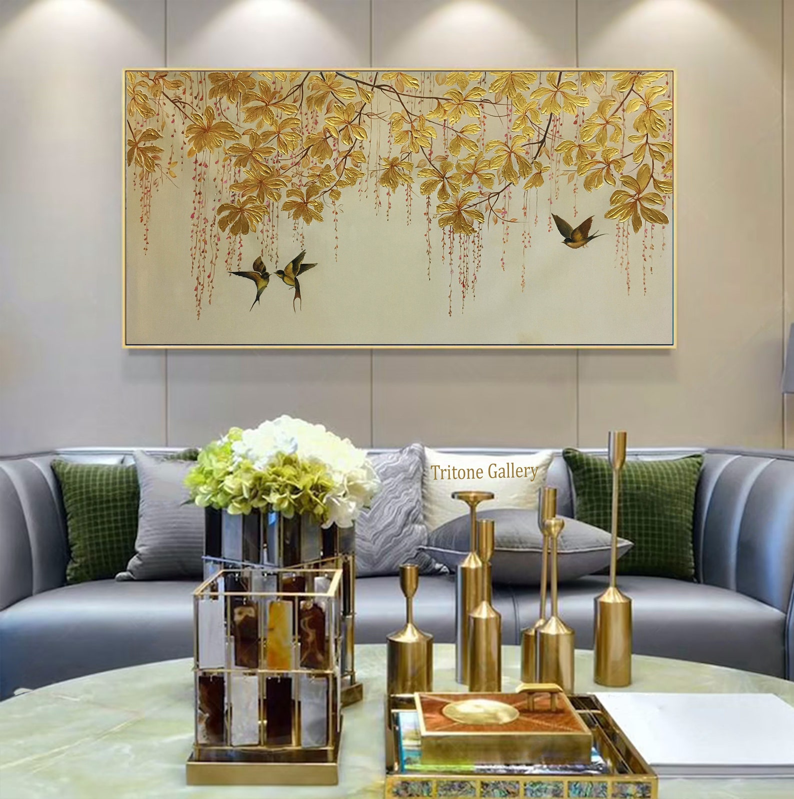 Large Gold Painting Modern Acrylic Gold Leaf Art, Yellow Leaves Flower ...