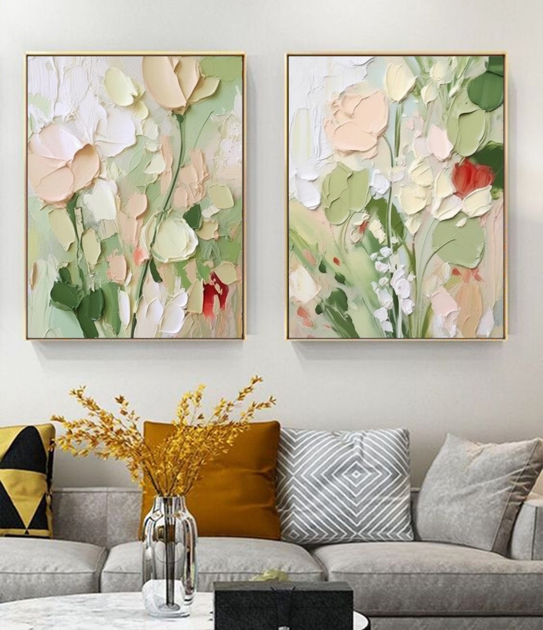 Original Minimalist Green Floral Art Painting Set 2 Painting Original ...