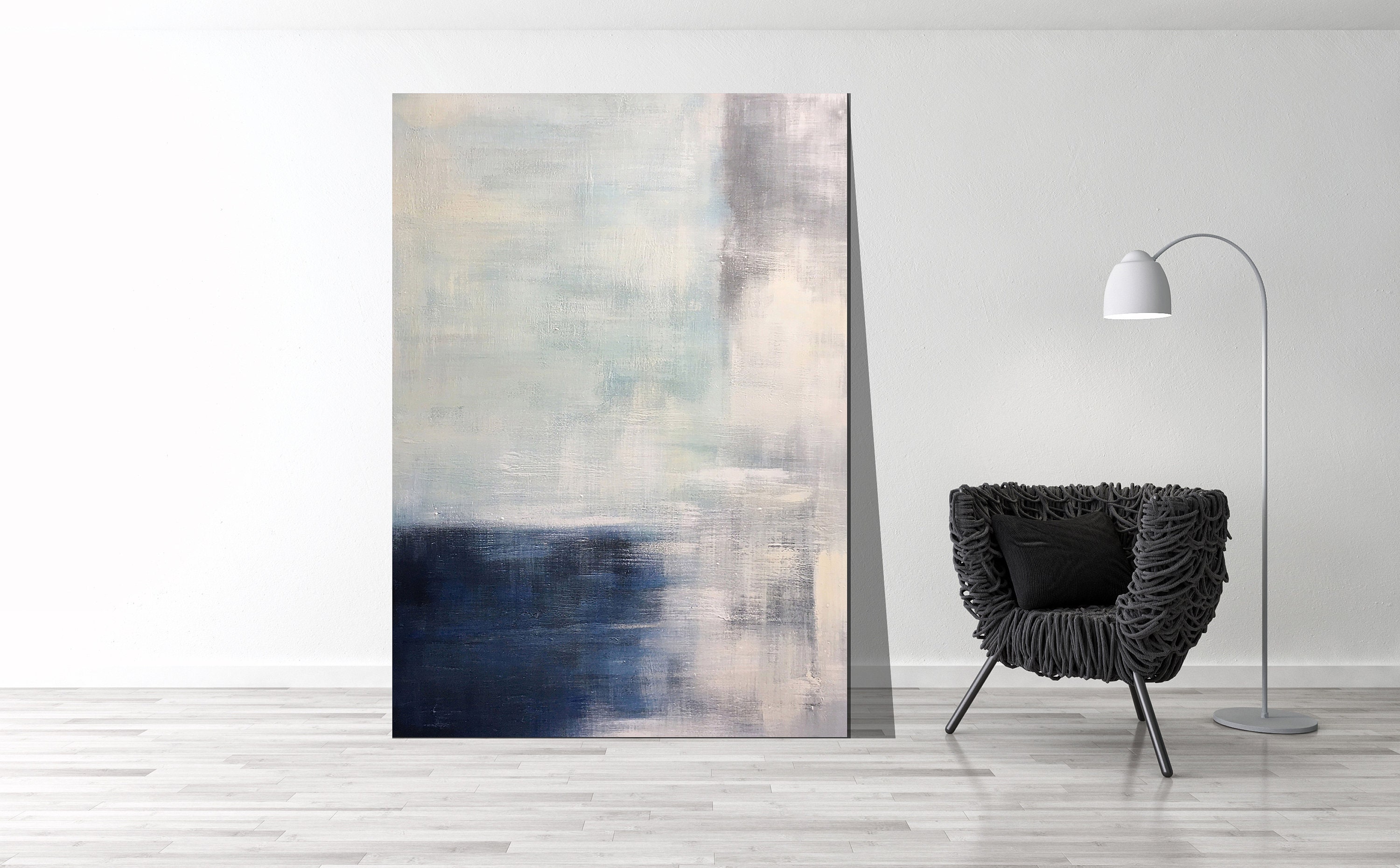 Blue Grey Abstract Painting, Minimal Acrylic Simple Gray Canvas Art ...
