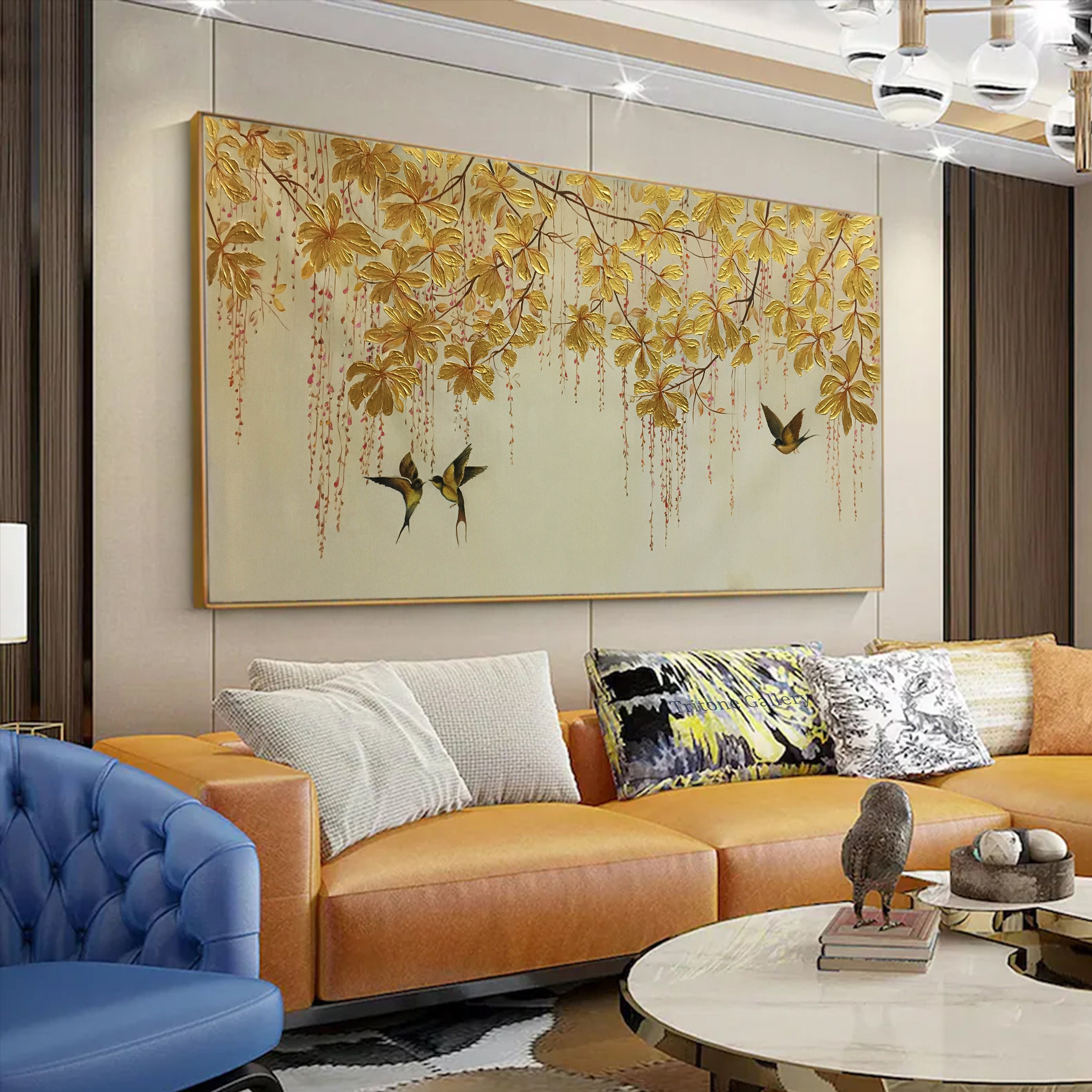 Large Gold Painting Modern Acrylic Gold Leaf Art, Yellow Leaves Flower ...