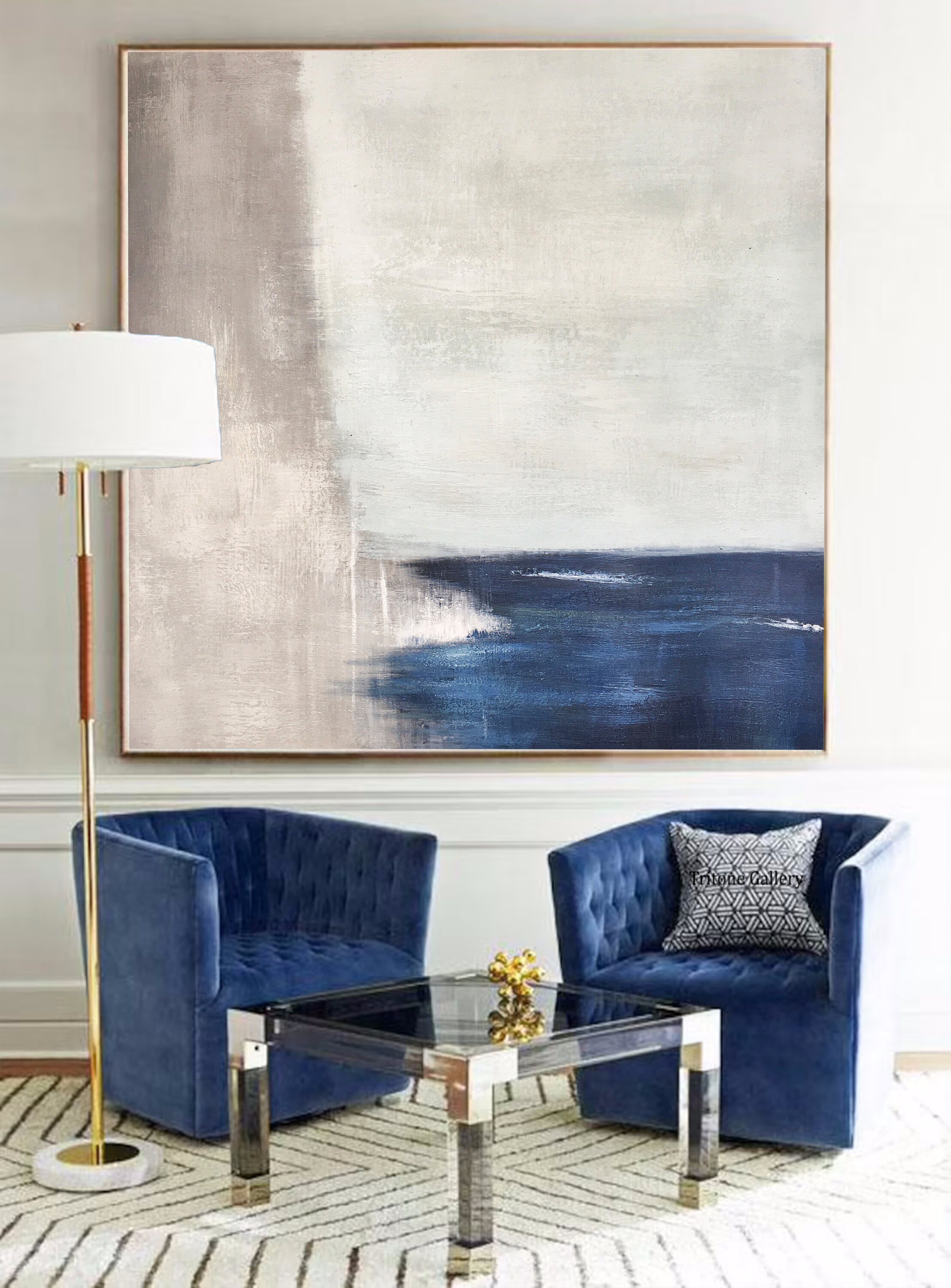 Blue Grey Abstract Painting, Large Contemporary Canvas Art, Modern Blue ...