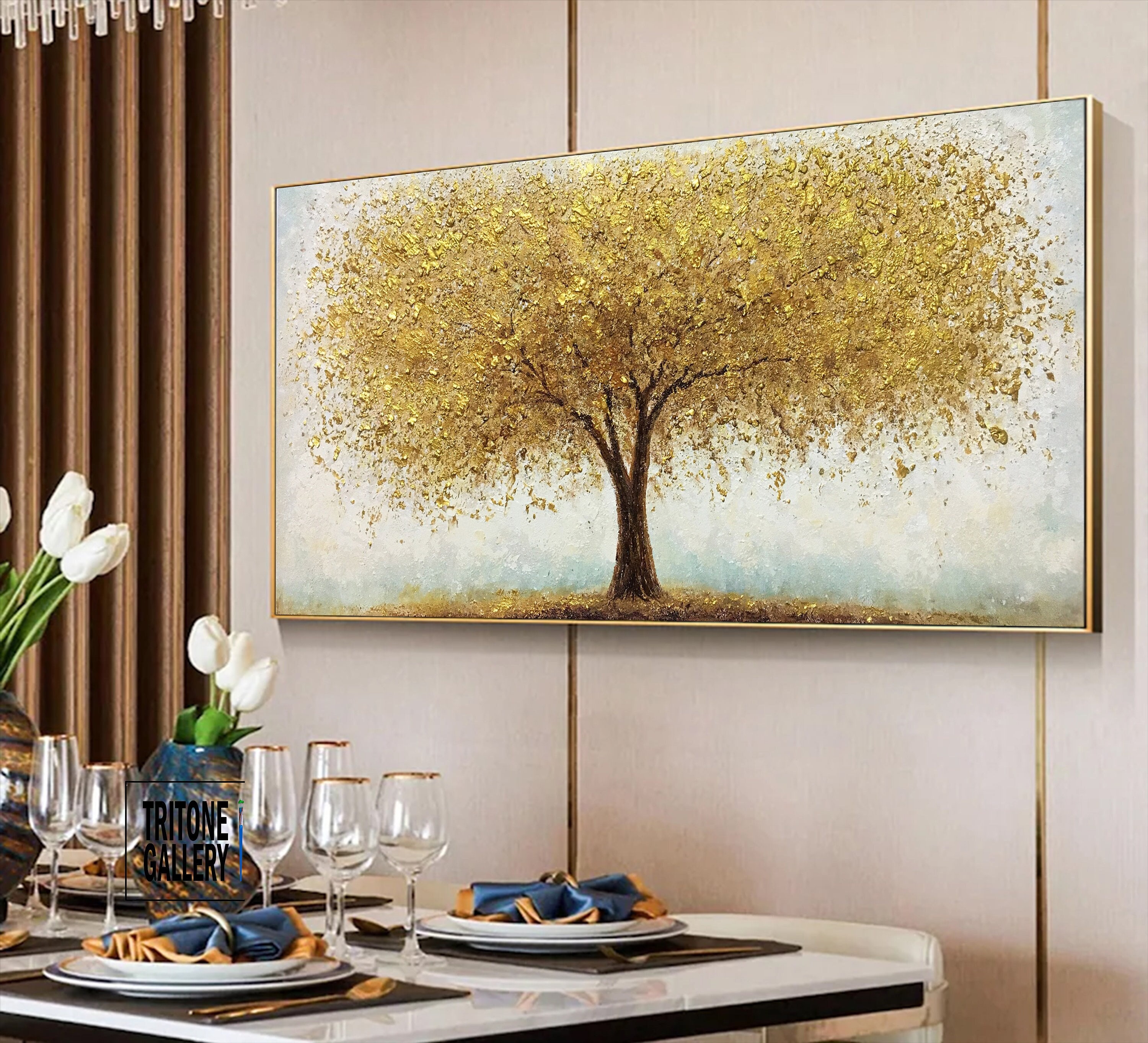 Tree Oil Painting Gold Abstract Art, Large Tree Tower Landscape ...