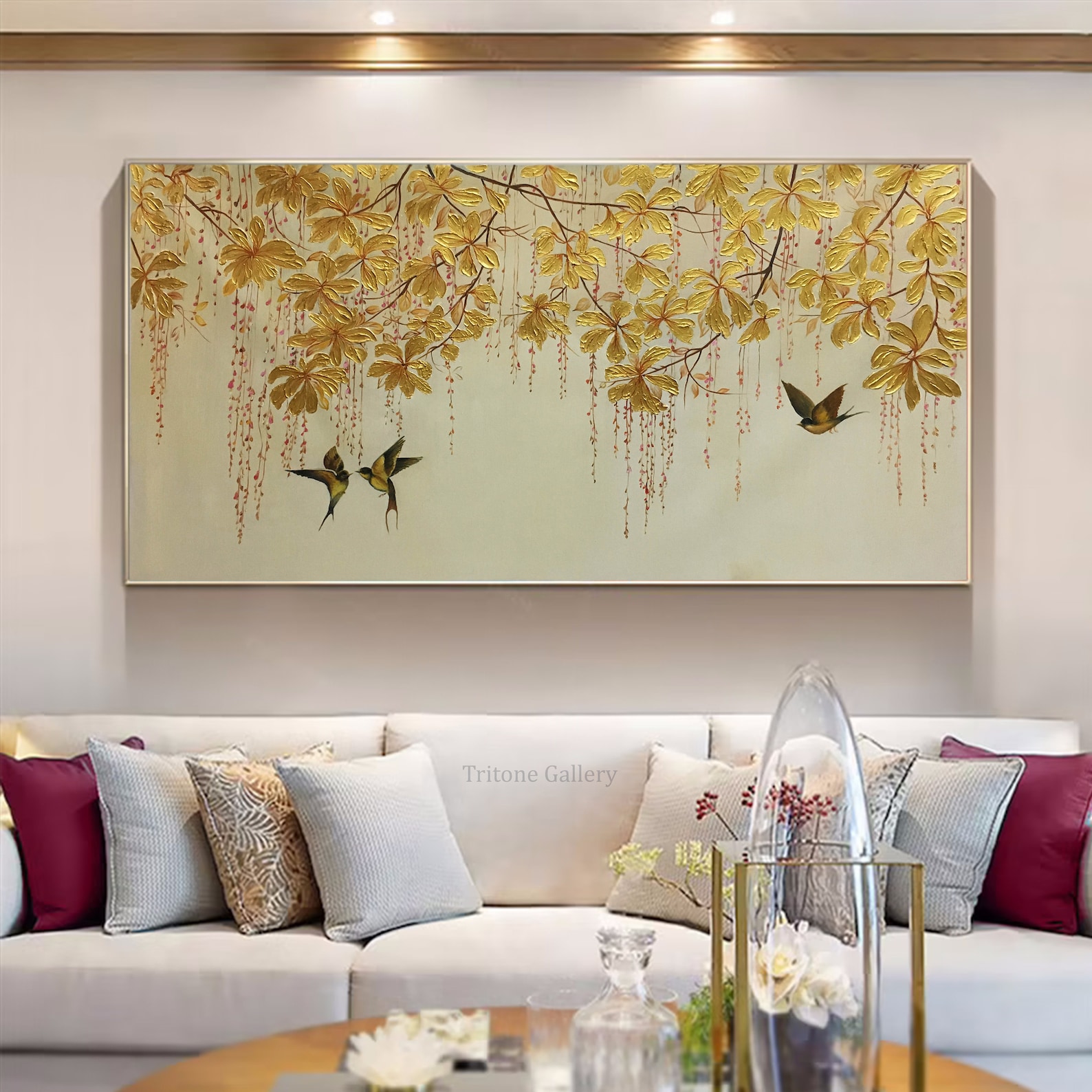 Large Gold Painting Modern Acrylic Gold Leaf Art, Yellow Leaves Flower ...