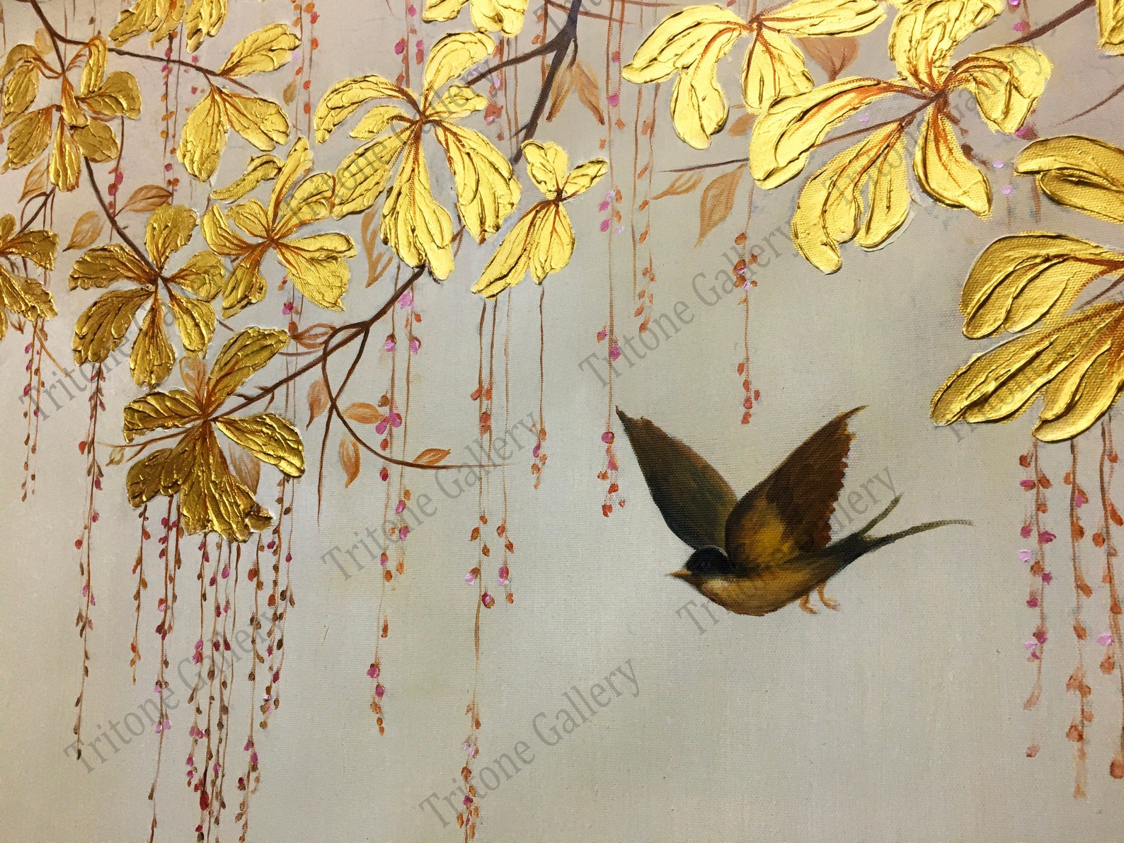 Large Gold Painting Modern Acrylic Gold Leaf Art, Yellow Leaves Flower ...