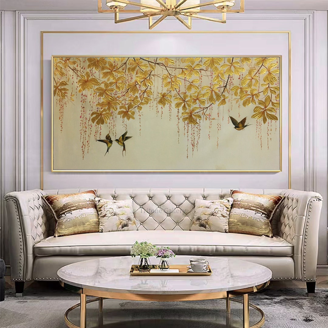 Large Gold Painting Modern Acrylic Gold Leaf Art, Yellow Leaves Flower ...