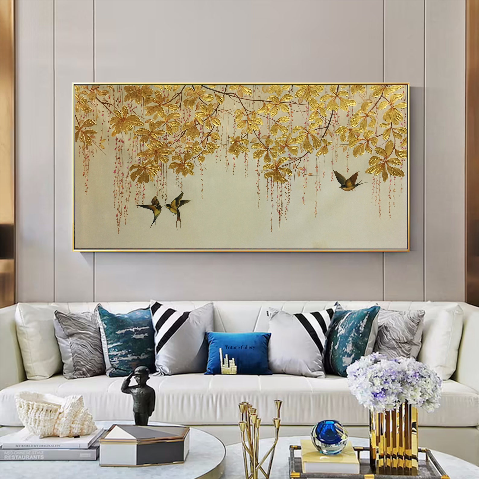 Large Gold Painting Modern Acrylic Gold Leaf Art, Yellow Leaves Flower ...