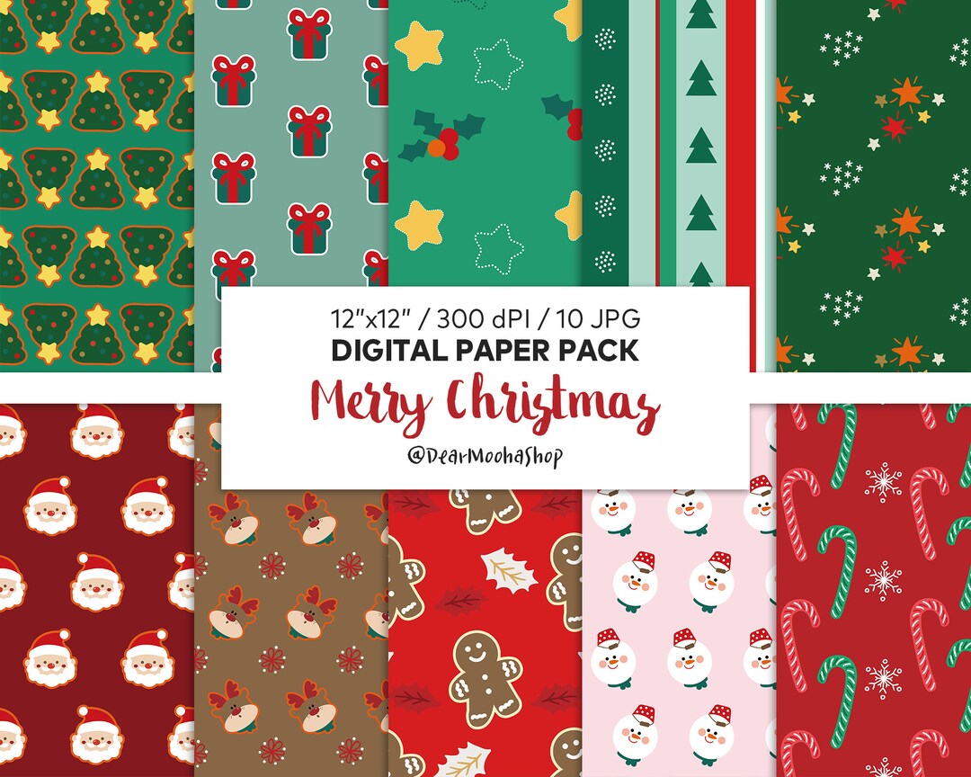 Printable Merry Christmas Digital Paper Pack, Christmas Tree Scrapbook ...