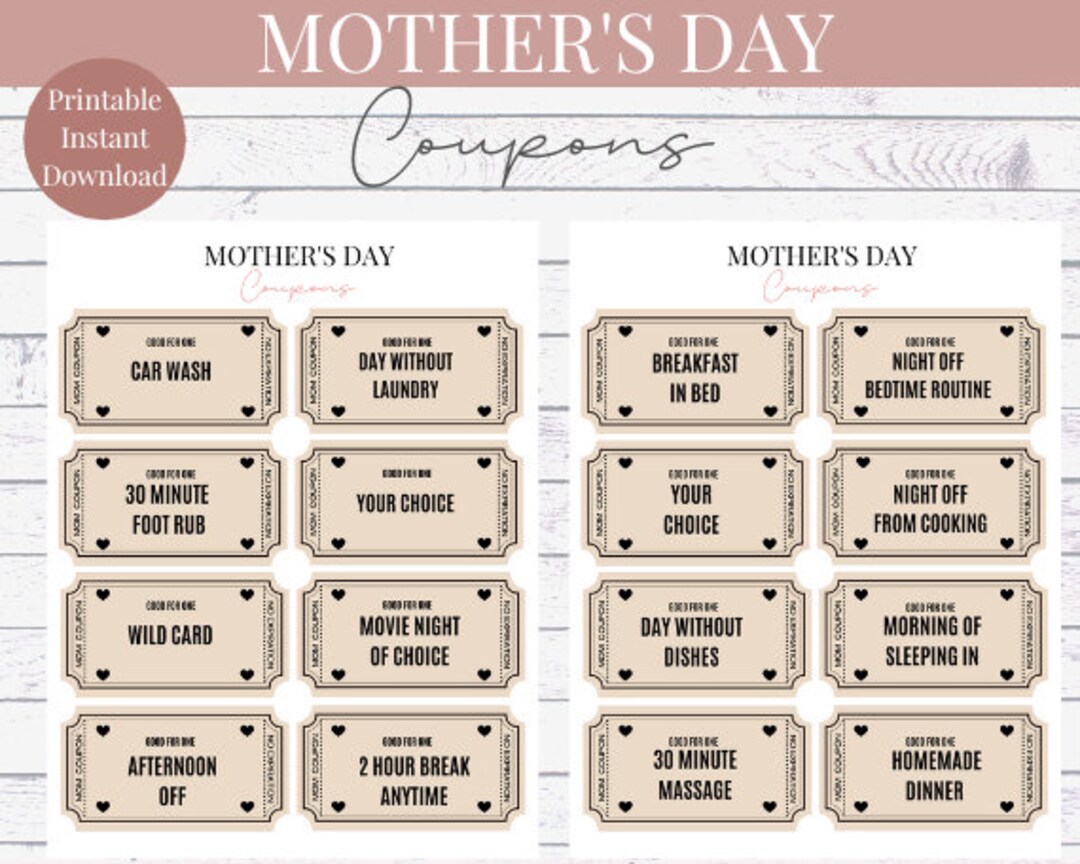 Mother's Day Coupons Mom Gift Printable Vouchers - Etsy