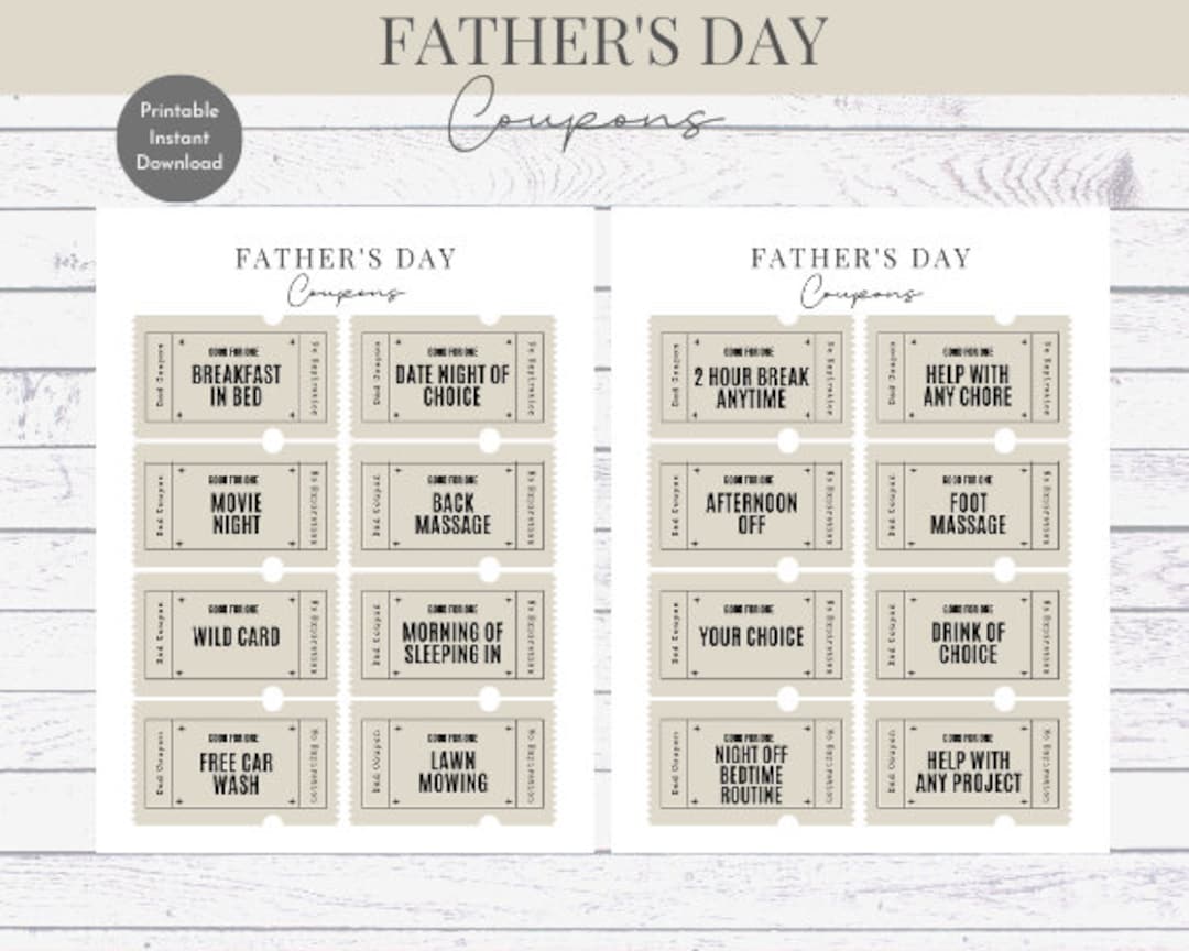 Father's Day Coupons | Dad Gift | Printable Vouchers | Instant Download ...