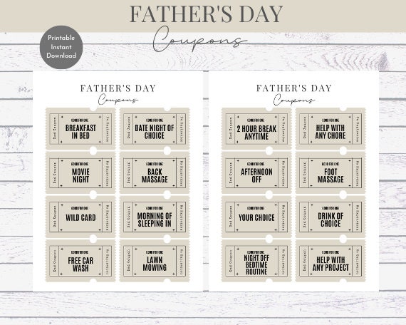 Father's Day Coupons | Dad Gift | Printable Vouchers | Instant Download ...