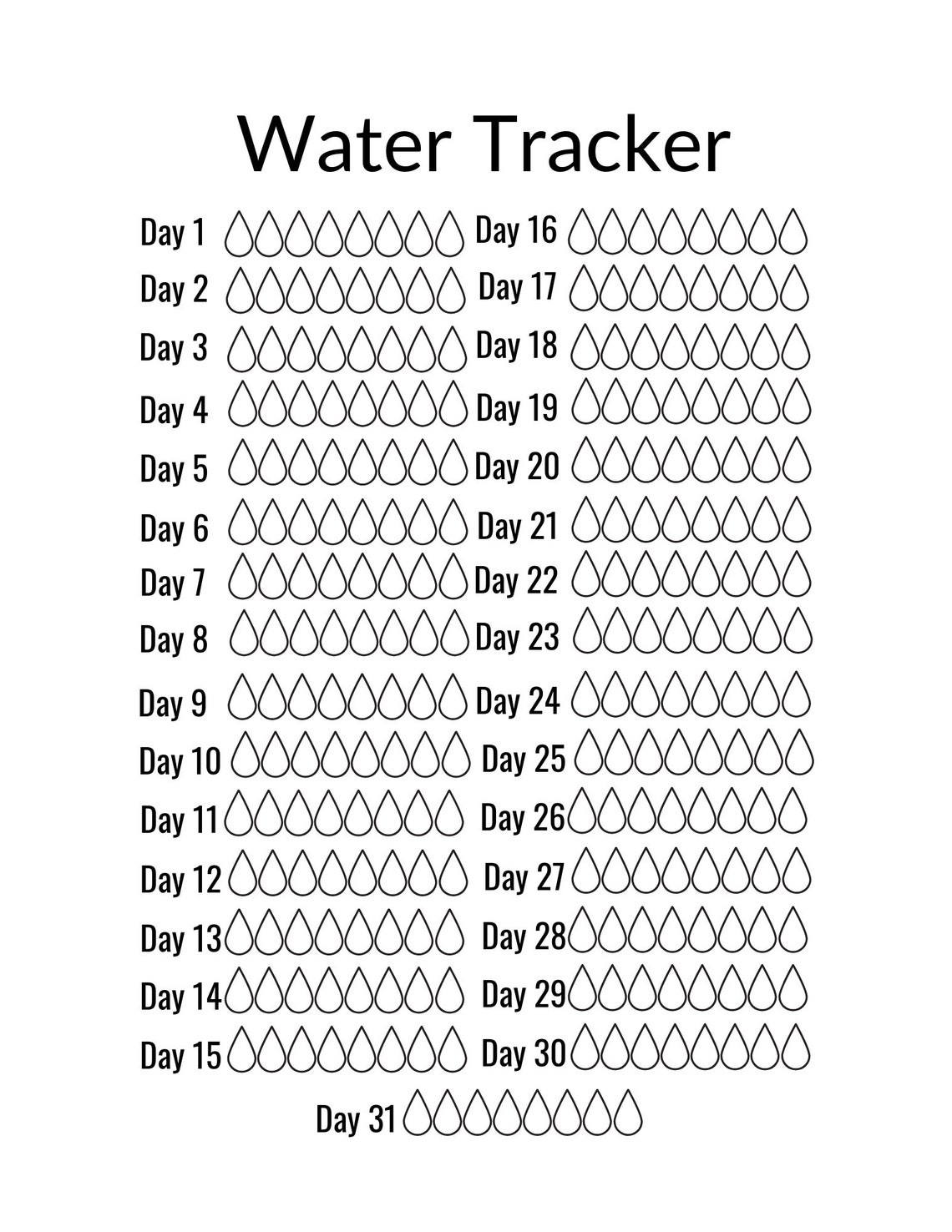 Monthly Water Tracker 31 Day Challenge, Drink Water, Drink Your H2O ...