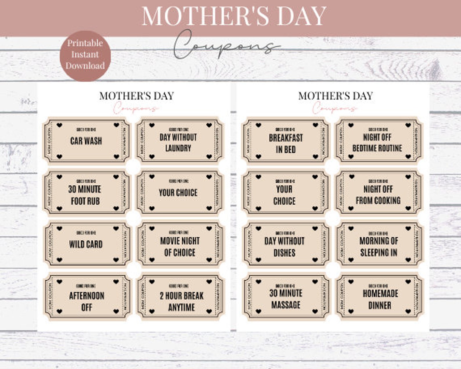 Mother's Day Coupons | Mom Gift | Printable Vouchers | Instant Download ...