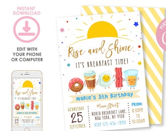 EDITABLE Breakfast Birthday Invitation, Rise and Shine Birthday Invitation, Breakfast Invitation ...