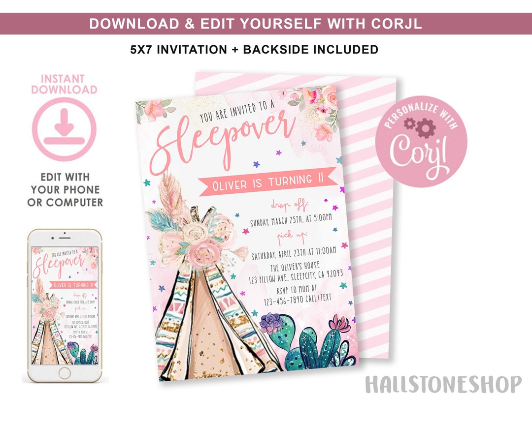 Boho Glam Pink Sleepover Party Birthday Invitation, Girl Teepee ...