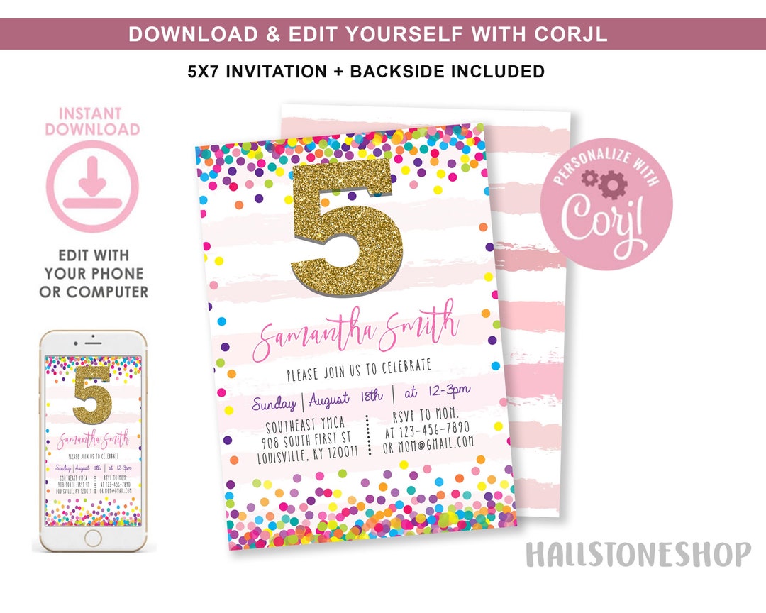 5th Birthday Invitation, Girl Birthday Invite, Confetti Birthday ...