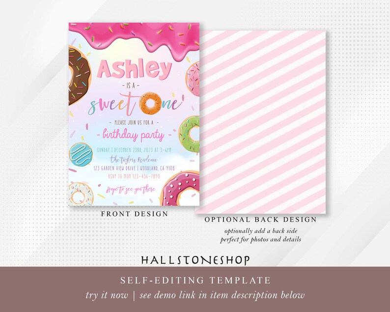 Editable Donut Sweet One Birthday Party Invitation, Printable Baby Girl ...