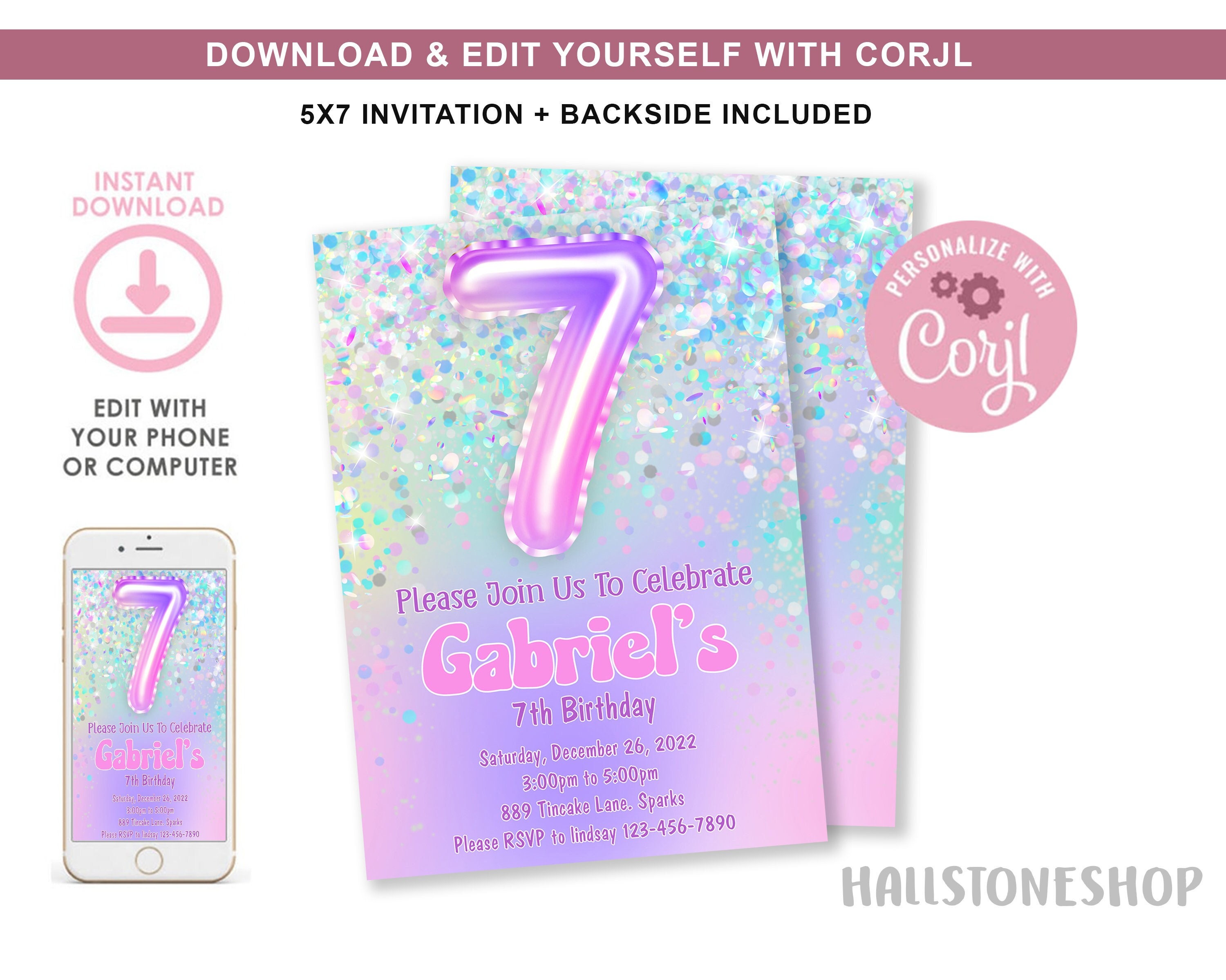 7th Birthday Invitation Girl, 7th Birthday Invite for Girl, Pastel ...