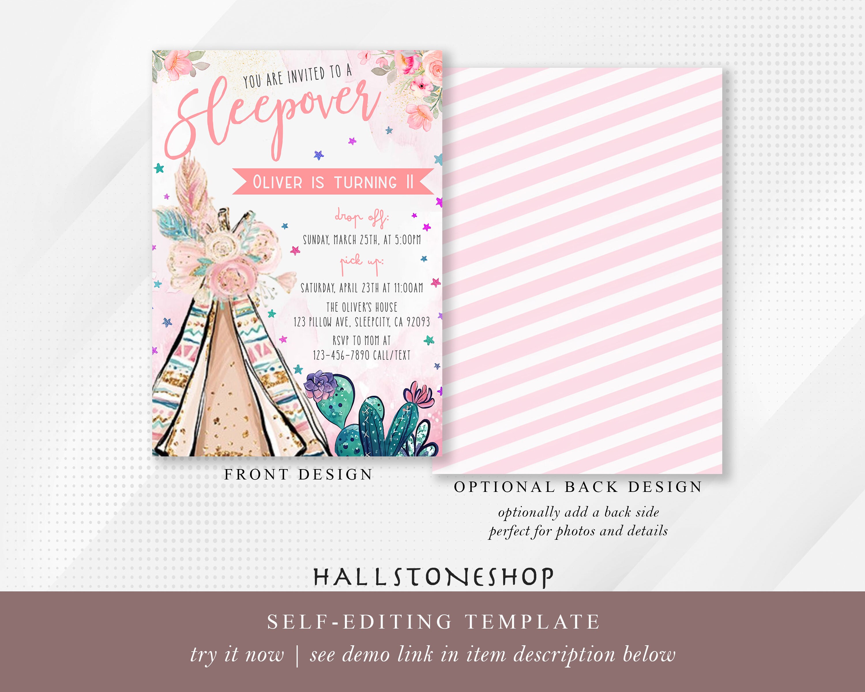 Boho Glam Pink Sleepover Party Birthday Invitation, Girl Teepee ...