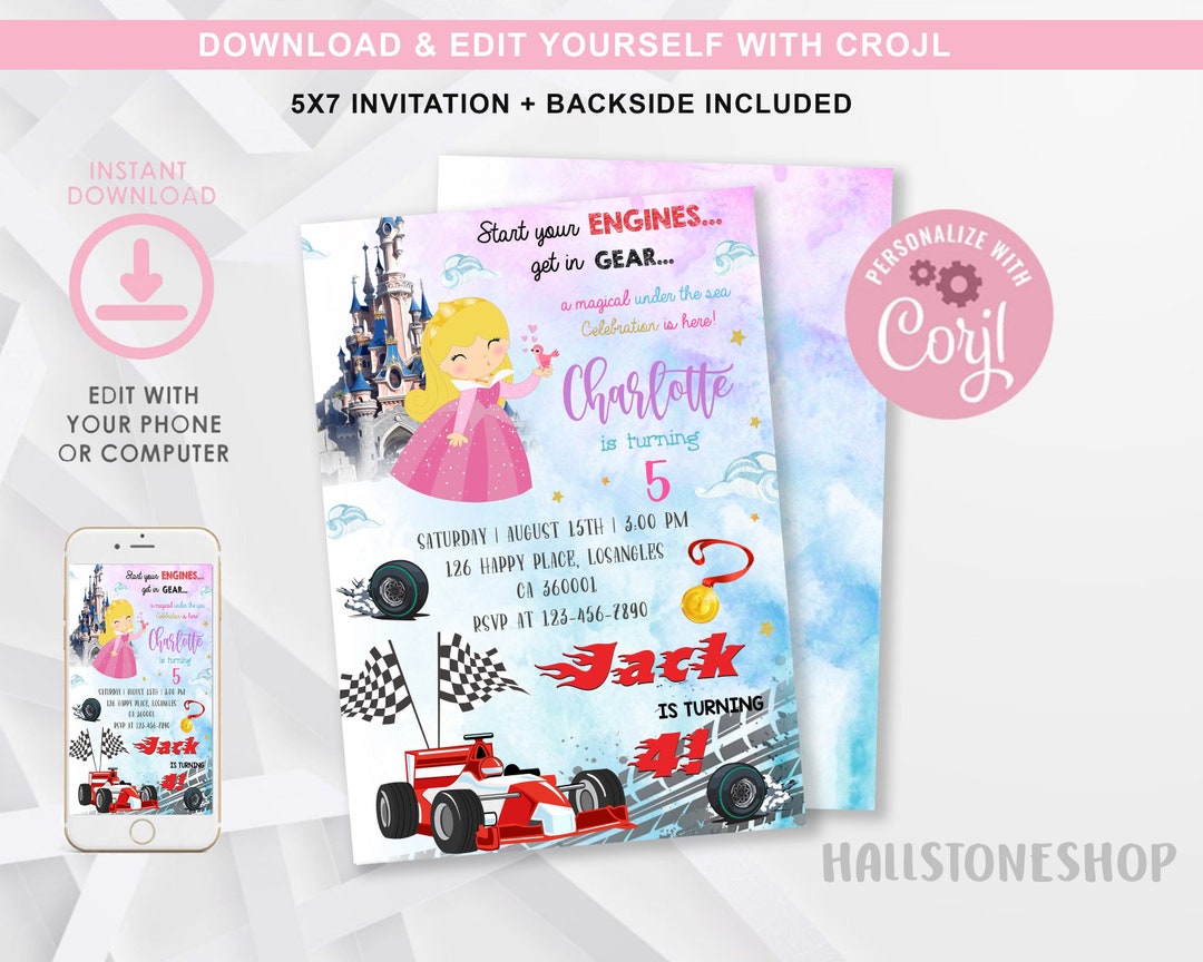 Race Car and Princess Birthday Invitation Joint Birthday - Etsy