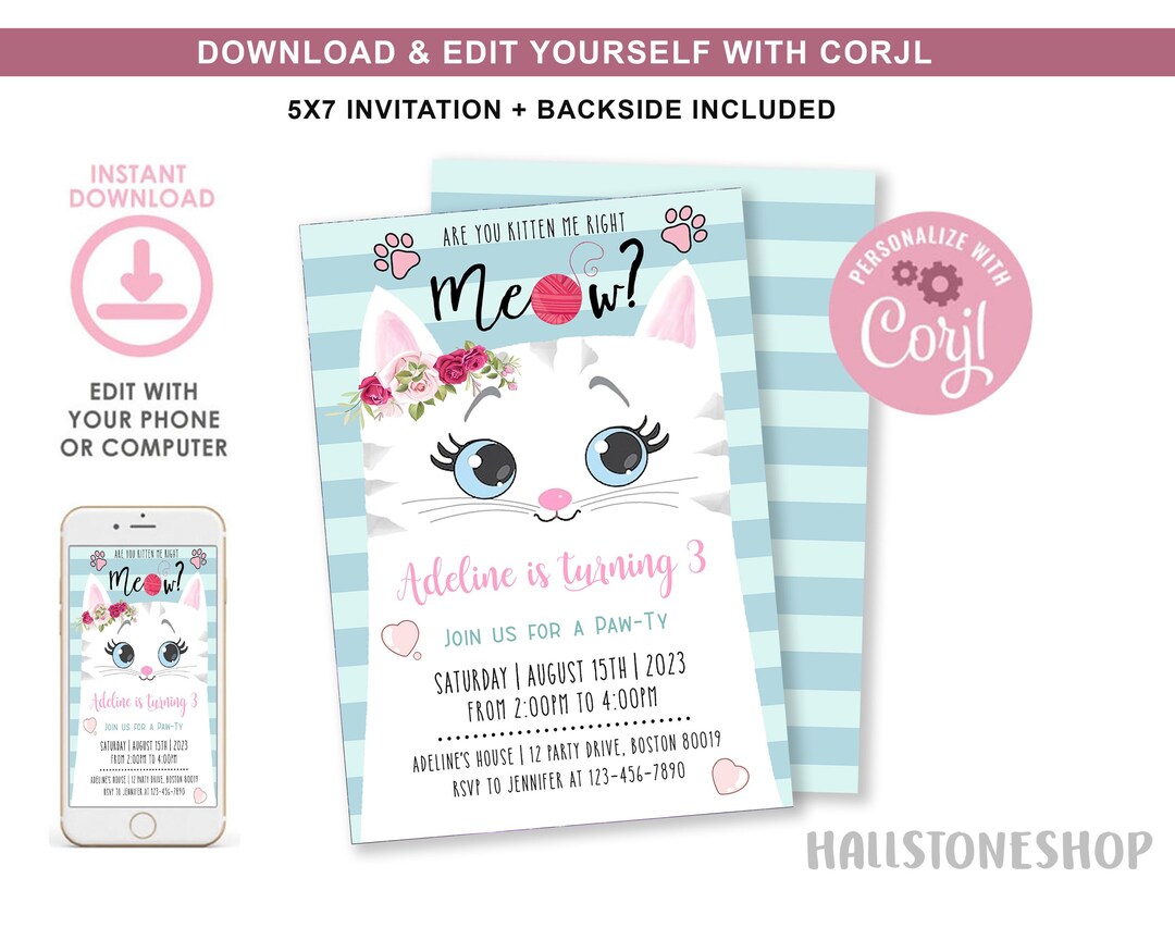 Editable Kitten Birthday Invitation, Cat Birthday Party Invitation, Are ...