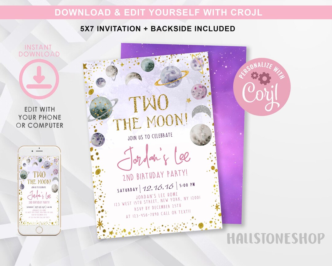Editable Two the Moon Space Birthday Invitation, Pink Gold Girl Galaxy ...