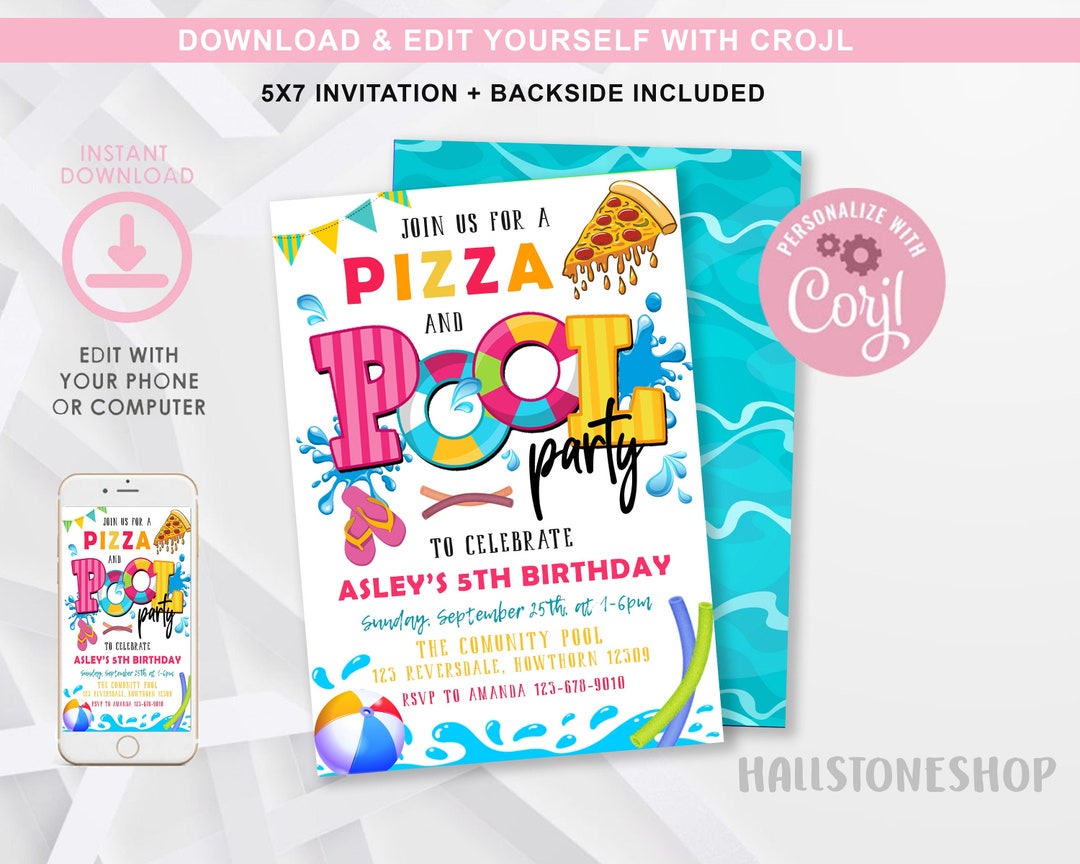 Pizza and Pool Party Invitation, End of School Party, Summer Kids Girls ...