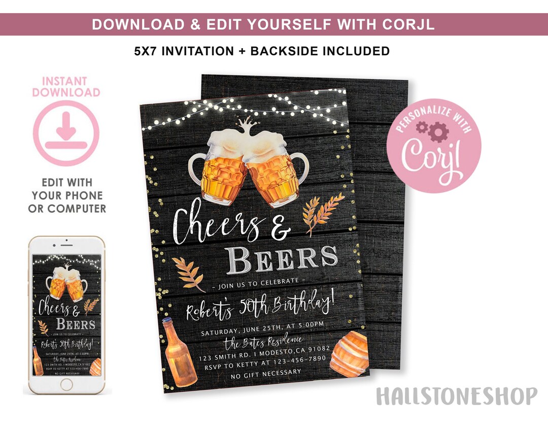 EDITABLE Cheers and Beers Birthday Invitation, Adult Birthday ...