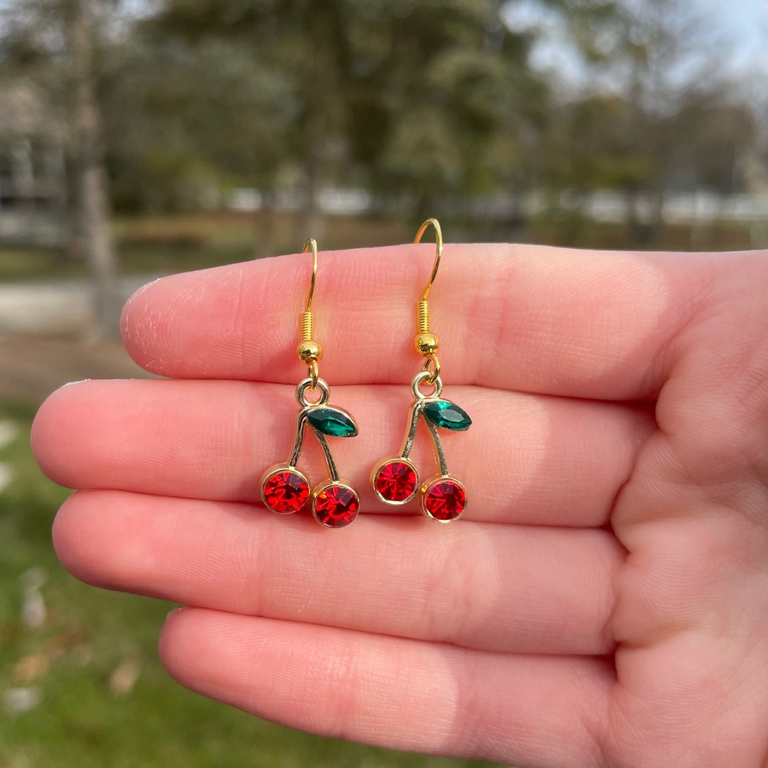 Crystal Cherry Dangle Earrings | Novelty Earrings | Unique Earrings | Fun Earrings | Food ...